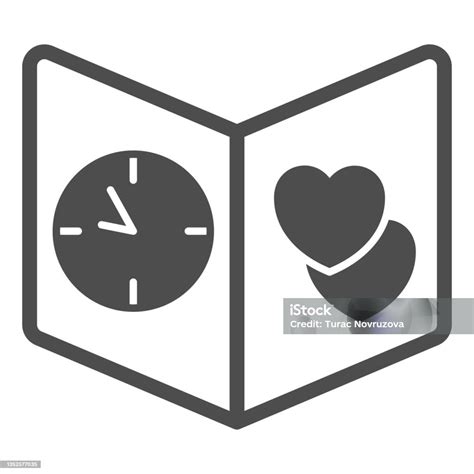 시계와 하트 카드 우편 솔리드 아이콘 데이트 컨셉 흰색 배경에 엽서 벡터 사인 모바일 컨셉 및 웹 디자인을위한 글리프 스타일 아이콘이있는 책을 열었습니다 벡터 그래픽 10에