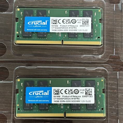 【目立った傷や汚れなし】crucial Micron ノートpc用 メモリ Pc4 25600ddr4 3200 32gb16gbx2枚