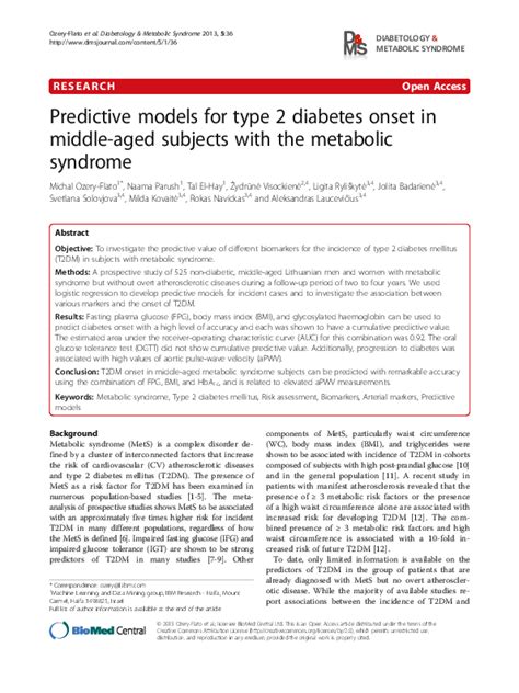 Pdf Predictive Models For Type 2 Diabetes Onset In Middle Aged Subjects With The Metabolic