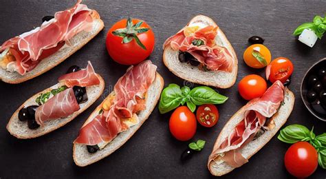 Bruschetta Italiana Con Carne De Tocino Sobre Pan Blanco Sobre Fondo