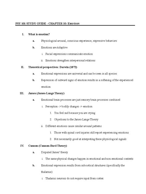 PSY 101 Study Guide Chapter 10 Emotion PSY 101 STUDY GUIDE CHAPTER 10 EMOTION I What Is