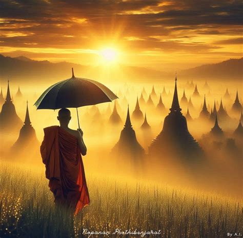 พระภิกษุผู้อยู่ท่ามกลางทิวทัศน์พระเจดีย์ในตอนเช้า ภาพพระพุทธศาสนาจาก