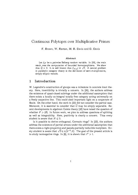 Theory 1 Continuous Polytopes Over Multiplicative Primes F Brown W
