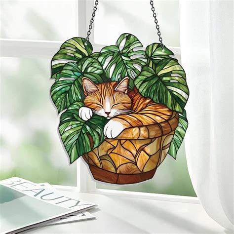 Orange Cat With Monstera Suncatcher Bright Acrylic Window Decor For
