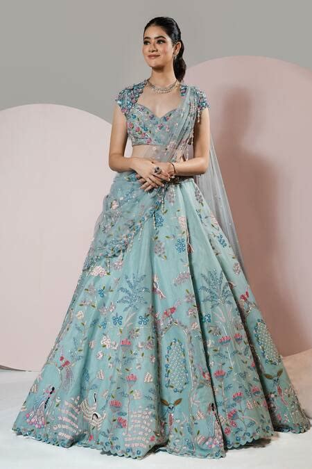 Buy Blue Organza Hand Embroidery Floral Resham Lehenga With Blouse For