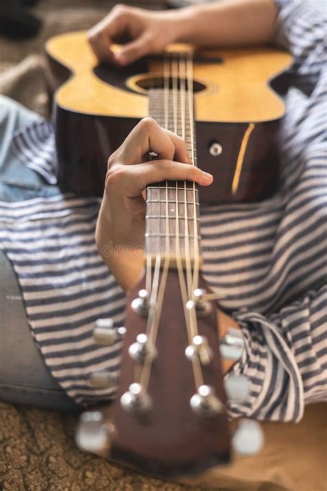 Closeup Acoustic Guitar Strings Male Artist Music Playing Musician Art