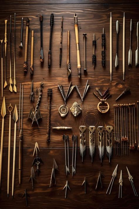 A Collection Of Various Arrow Types On A Wooden Table Stock