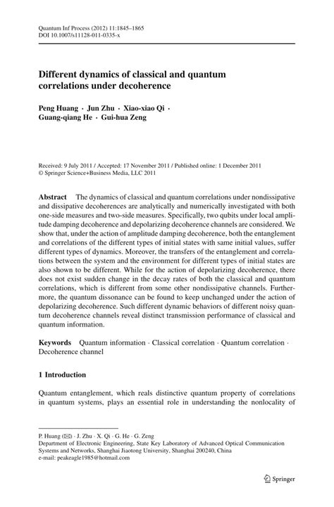Pdf Different Dynamics Of Classical And Quantum Correlations Under
