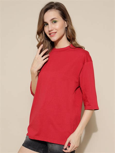 Red Plain Oversized Tee For Women