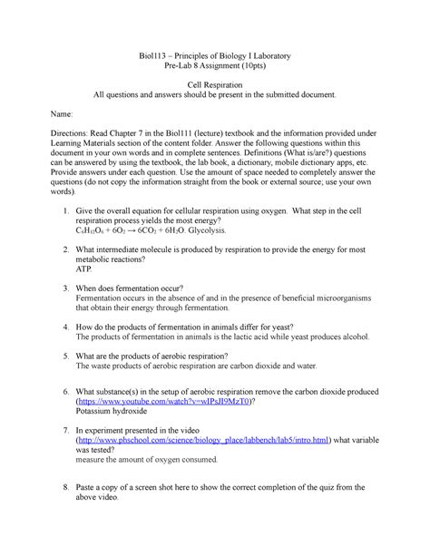 Biol113 Pre Lab 8 Assignment Biol113 Principles Of Biology I