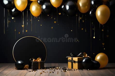 Birthday Frame With Golden And Black Balloons And Confetti Blank Frame
