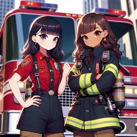 Anime Fire Figther Girls Posing Infront Of Fire Engine Blank Template