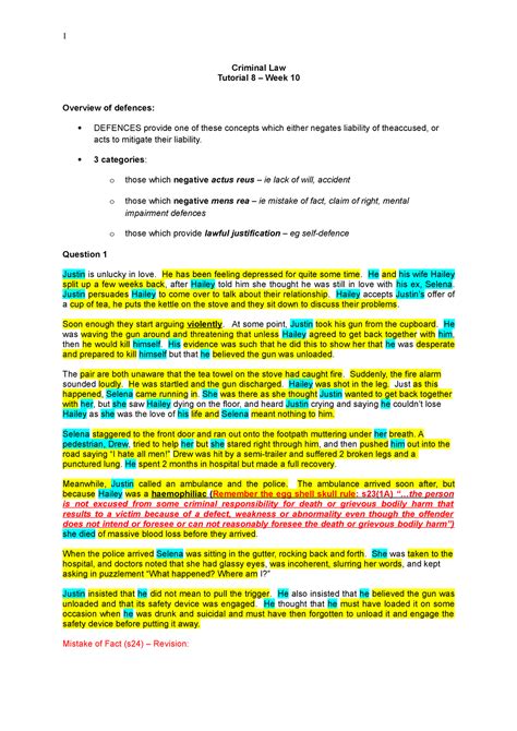 Tutorial 8 Week 10 Defences Criminal Law Tutorial 8 Week 10
