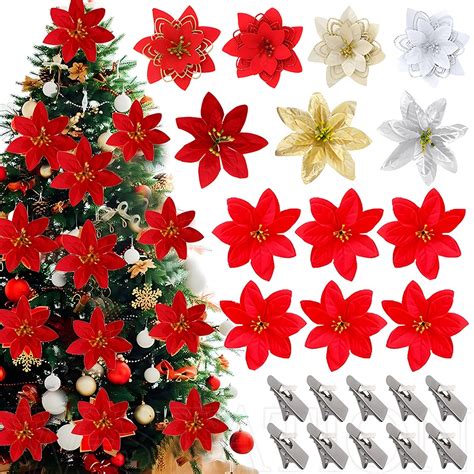 ดอกไม้ปลอม ประดับกลิตเตอร์ สีแดง ขนาด 14 ซม สําหรับตกแต่งบ้าน ต้น