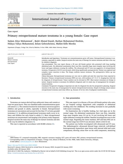 Pdf Primary Retroperitoneal Mature Teratoma In A Young Female Case