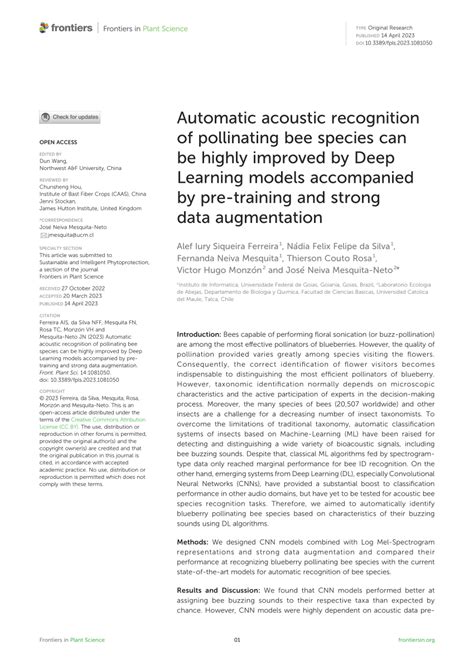 Pdf Automatic Acoustic Recognition Of Pollinating Bee Species Can Be Highly Improved By Deep