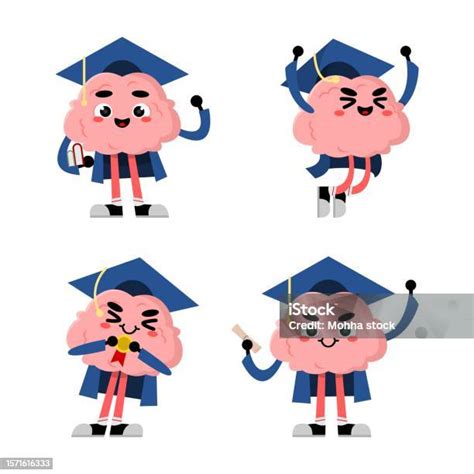 귀여운 두뇌 그림의 마스코트 세트입니다 귀여운 두뇌 일러스트레이션을 졸업합니다 학생 재미 마스코트 벡터입니다 감정에 대한 스톡 벡터 아트 및 기타 이미지 Istock