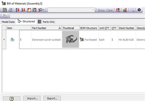 inseparable sub assemblies showing all parts in structured bom export