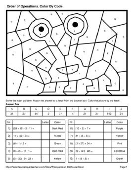 Order Of Operations Coloring Worksheets Color By Code By WhooperSwan