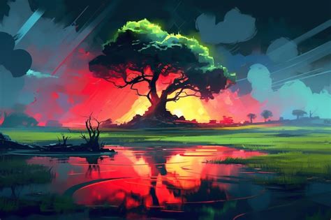 Premium Photo A Picture Of A Tree With A Sunset In The Backdrop As An Example