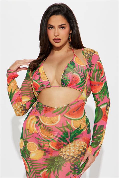 Summers In Tulum Mesh 3 Piece Sunsuit Set Hot Pinkcombo Fashion Nova
