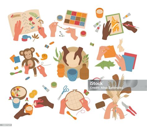 다양한 종류의 수제 공예품 세트 촛불 만들기 그림 자수 바느질 도자기 종이 접기 구슬 허브륨 만들기 공예에 대한 스톡 벡터 아트