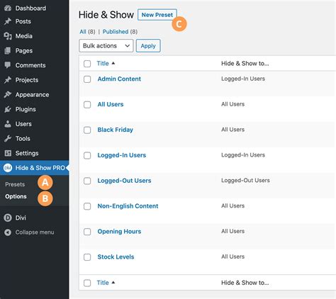 hide and show menu hide and show pro docs divi modules
