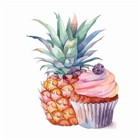 수채화 컵케이크 손으로 그린 그림 화이트 파인애플 컵케이크 프리미엄 벡터