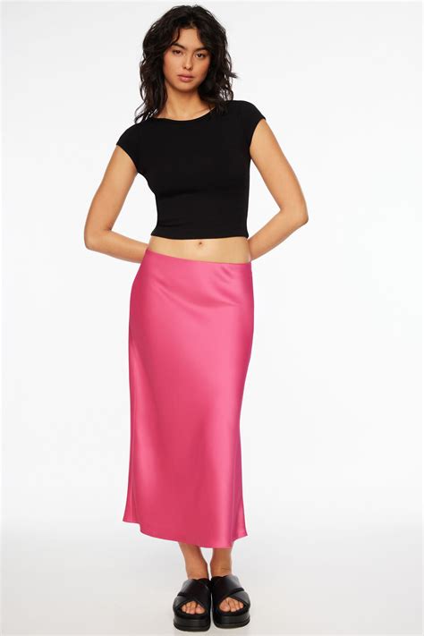 Melody Satin Slip Midi Skirt Pink Dynamite