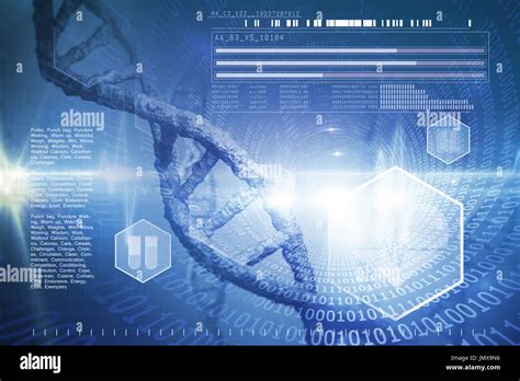 Digital Image Of Dna Helix Against Spiral Of Shiny Binary Code Stock