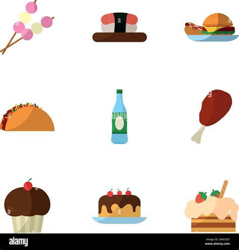 Flat Style Icon Set Design Eat Fast Food Restaurant Menu Dinner Lunch