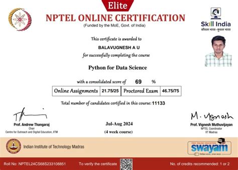 Bala Vignesh On Linkedin Nptel Pythonfordatascience Elitecertification Datascience Iitmadras