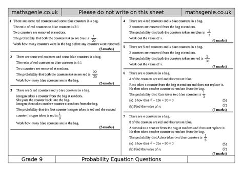 9 Probability Equation Ws Grade 9 Probability Equation