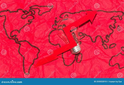 World Energy Crisis Red World Map With Light Bulb And Red Arrow