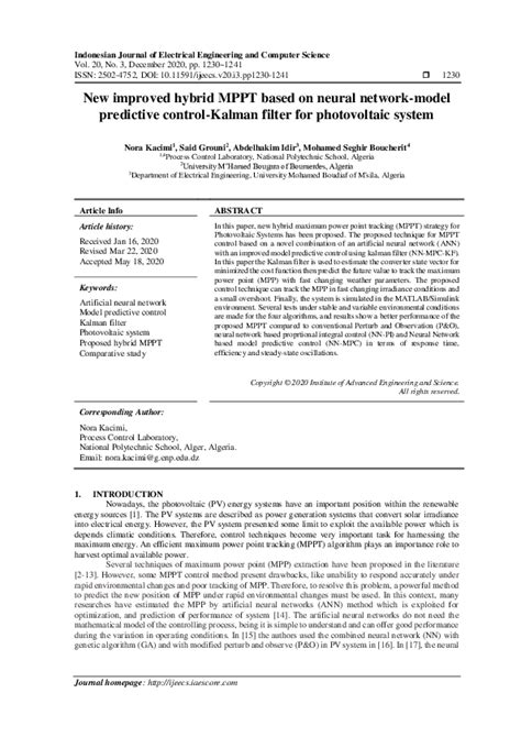 Pdf New Improved Hybrid Mppt Based On Neural Network Model Predictive Control Kalman Filter