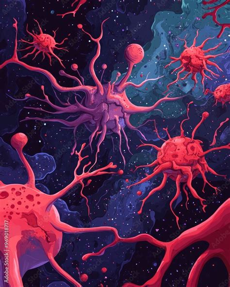 2d Cartoon Illustration Of A Neural Network Interconnected With Stains And Clots In A Space