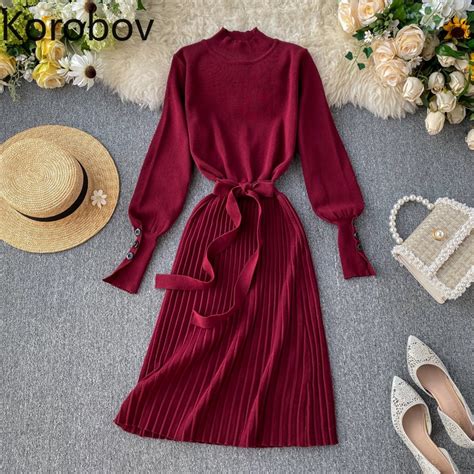 Korobov 여성 겨울 퍼프 슬리브 단색 우아한 드레스 빈티지 레이싱 보우 스탠드 칼라 니트 드레스 기본 Vestidos