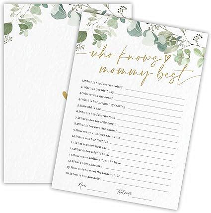 Amazon Who Knows Mommy Best Baby Shower Game Cards Golden Greenery Double Sided Fill