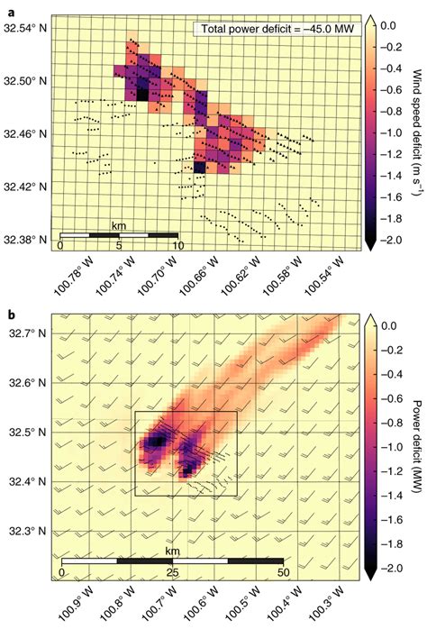 Wrf Calculated Wind Farm Wakes Ab Power A And Wind Speed B Download Scientific Diagram