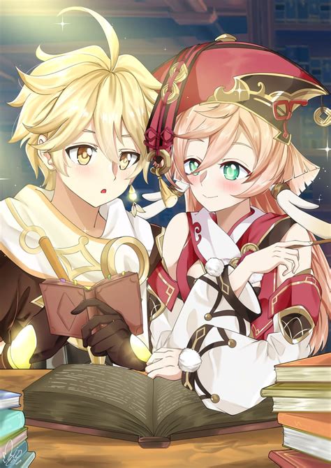 Aether Genshin Impact X Yanfei Genshin Impact Reading Together Art