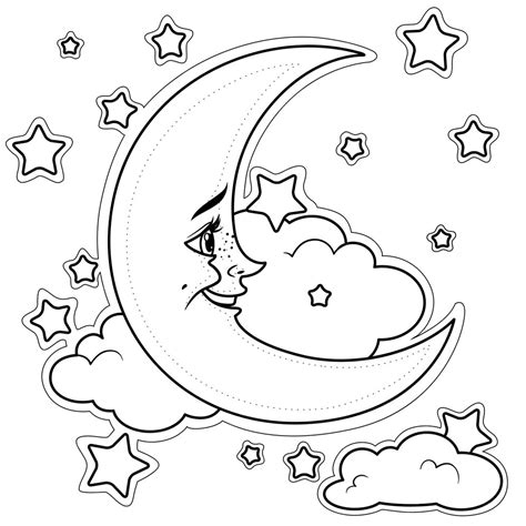 Premium Vector Cute Cartoon Smiling Moon With Clouds Outlined For Coloring On A White Background