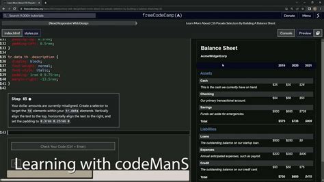 Learn Html And Css Freecodecamp Balance Sheet Step 65 Youtube