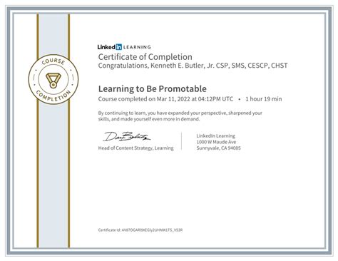 Certificate Of Completion Kenneth E Butler Jr Ms Osh Csp Smp Chst Cescp