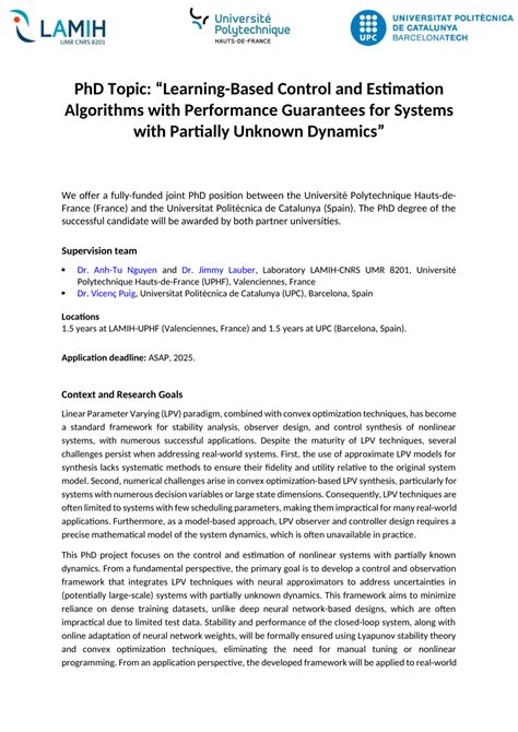 Pdf Phd Topic Learning Based Control And Estimation Algorithms With Performance Guarantees