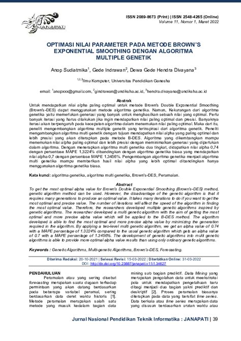 Pdf Optimasi Nilai Parameter Pada Metode Browns Exponential