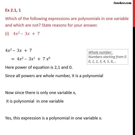 Ex 21 1 I Which Expressions Are Polynomials In One Variable And