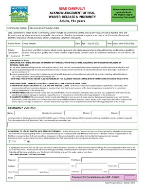 Fillable Online ACKNOWLEDGEMENT OF RISK WAIVER RELEASE Fax