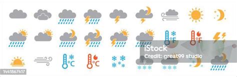 날씨 아이콘 세트입니다 웹과 응용 프로그램에 대 한 일기 예보 벡터 아이콘입니다 비 구름 눈 맑음 폭풍 번개 뜨겁고 차가운 온도의 상징을 포함합니다 벡터 스톡 일러스트