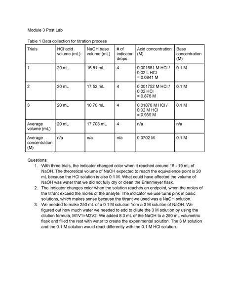 Module 3 Post Lab Acid Base Titration Module 3 Post Lab Table 1 Data