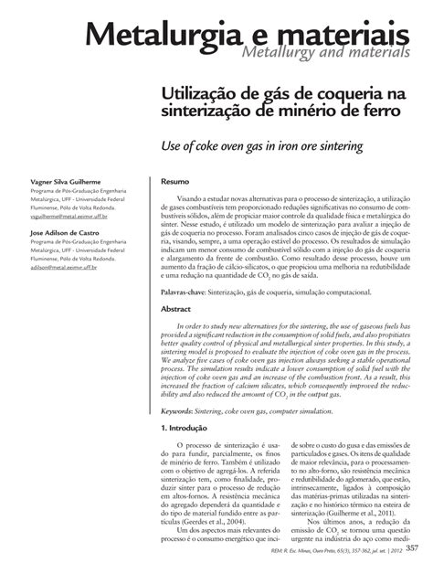 Pdf Use Of Coke Oven Gas In Iron Ore Sintering